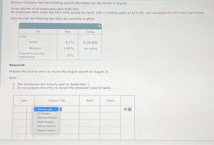 Solved Bluesun Company had the following payroll information | Chegg.com