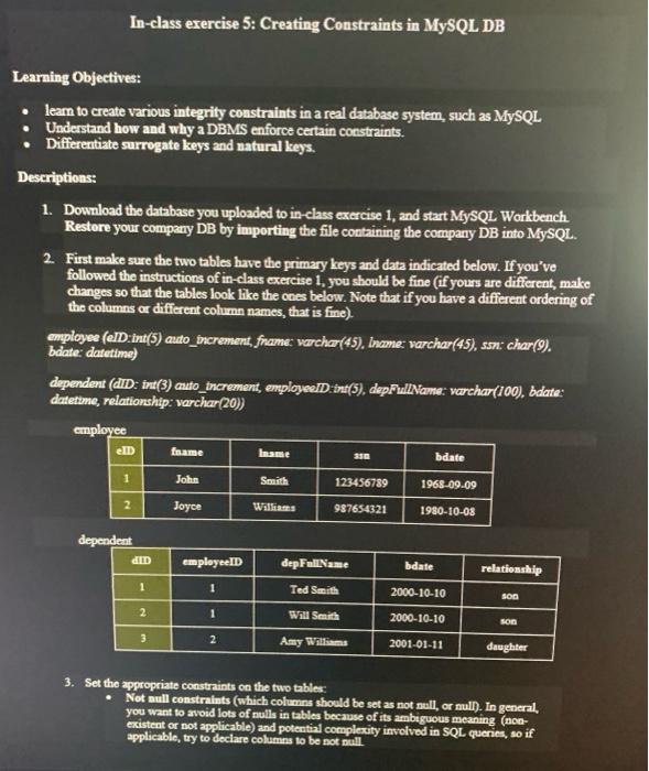 In-class exercise 5: Creating Constraints in MySQL DB | Chegg.com
