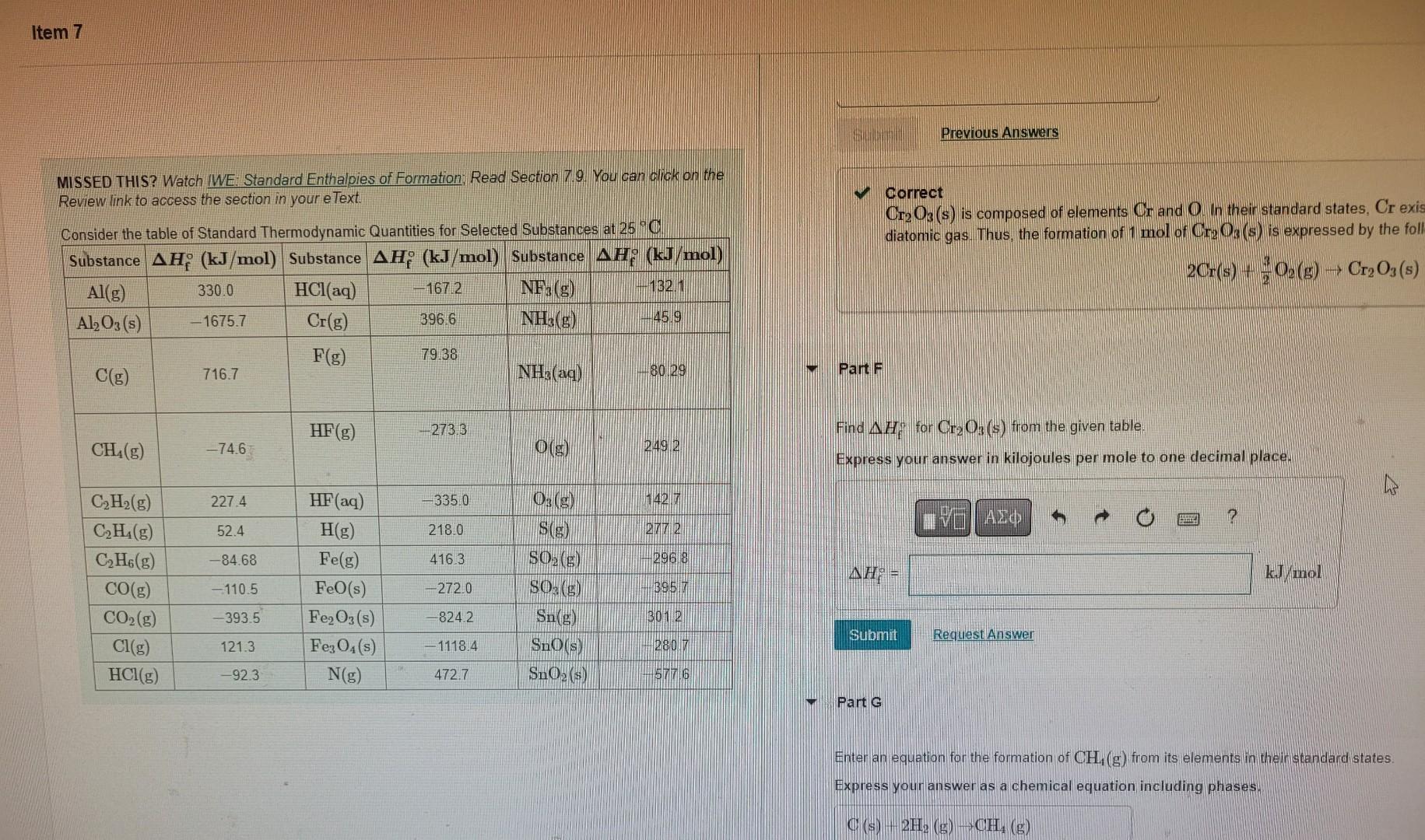Solved Part F Find ΔHfi for Cr2O3( s) from the given table. | Chegg.com