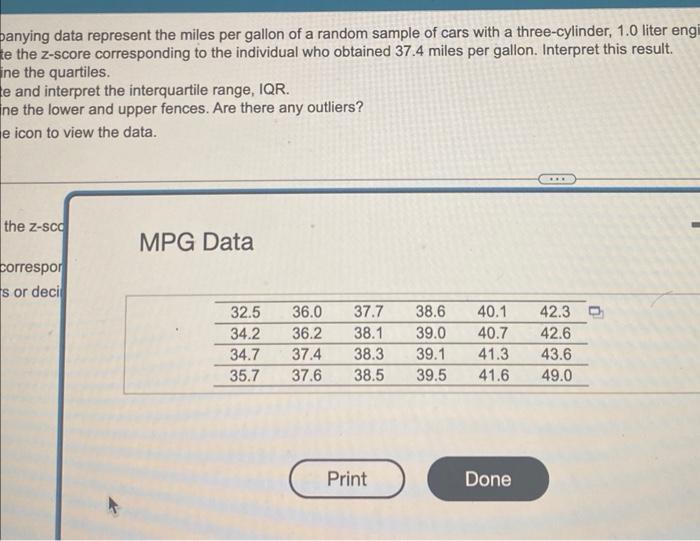 Solved The accompanying data represent the miles per gallon | Chegg.com
