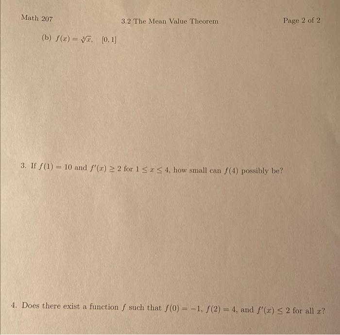 Solved Math 207 3.2 The Mean Value Theorem Page 2 of 2 (b) | Chegg.com