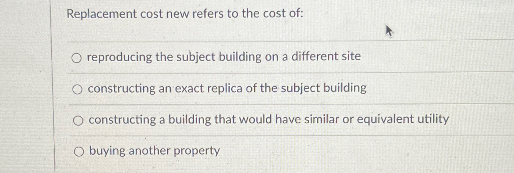 Solved Replacement cost new refers to the cost | Chegg.com