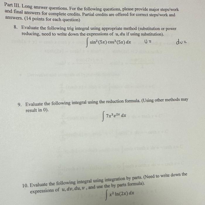 Solved Part III. Long answer questions. For the following | Chegg.com