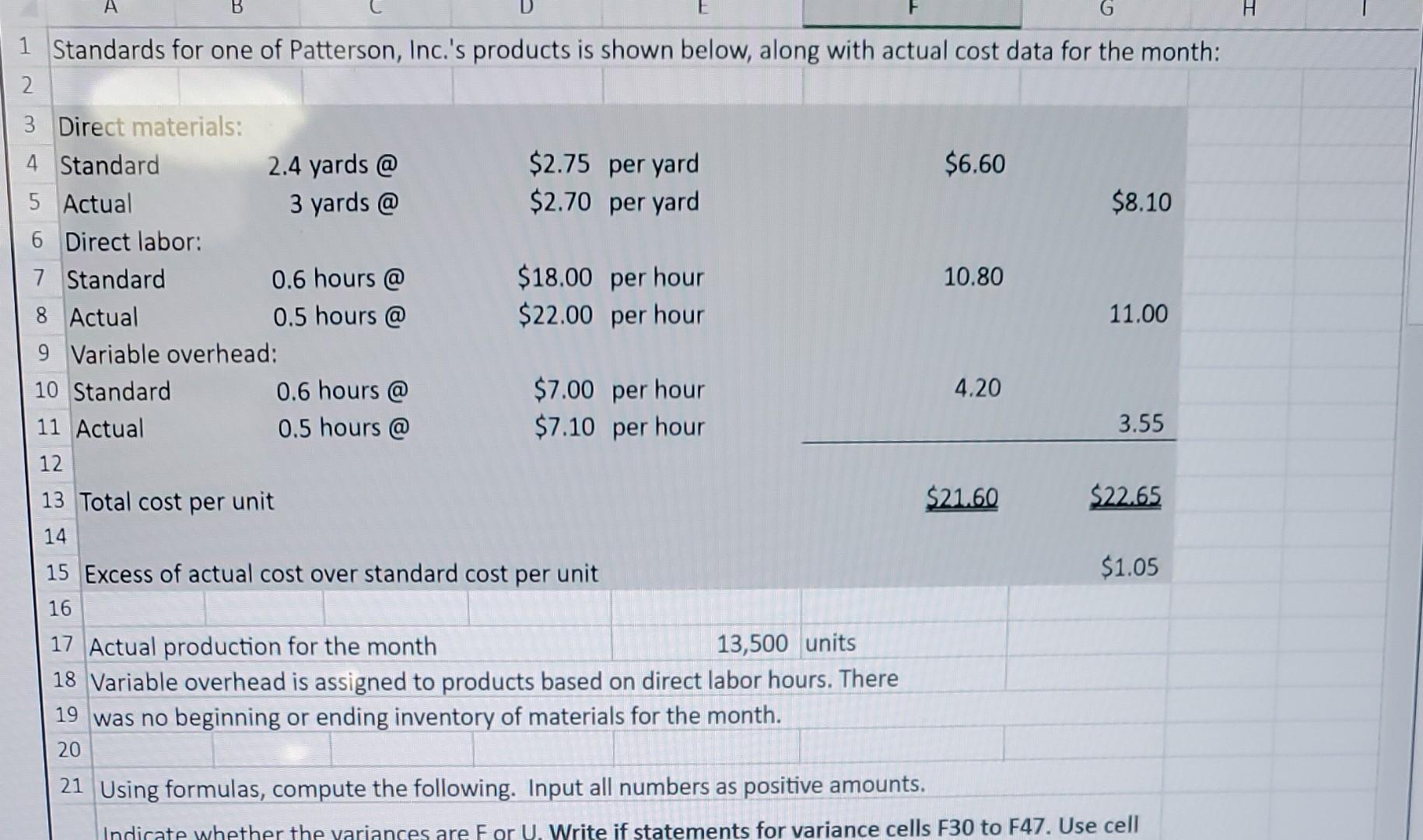 Solved Standards for one of Patterson, Inc.'s products is | Chegg.com