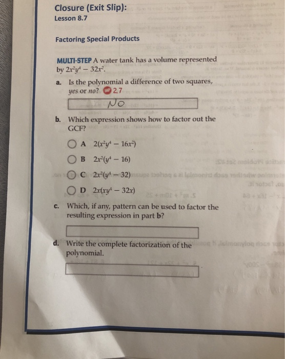 Solved Closure (Exit Slip): Lesson 8.7 Factoring Special | Chegg.com