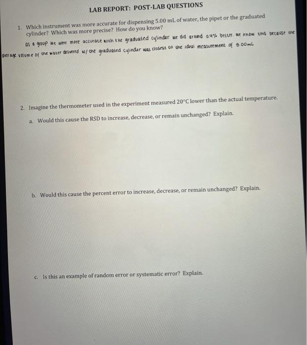 Solved Part B: Using the Graduated Cylinder to Dispense 5.00 | Chegg.com