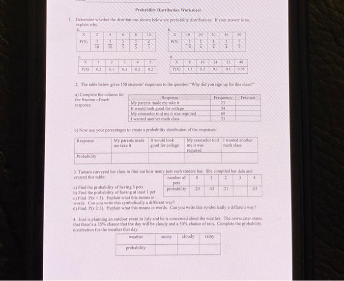 Solved I Probability Distribution Worksheet 1. Determine | Chegg.com
