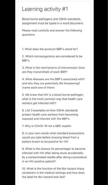 Solved Learning activity #1 Blood borne pathogens and OSHA | Chegg.com