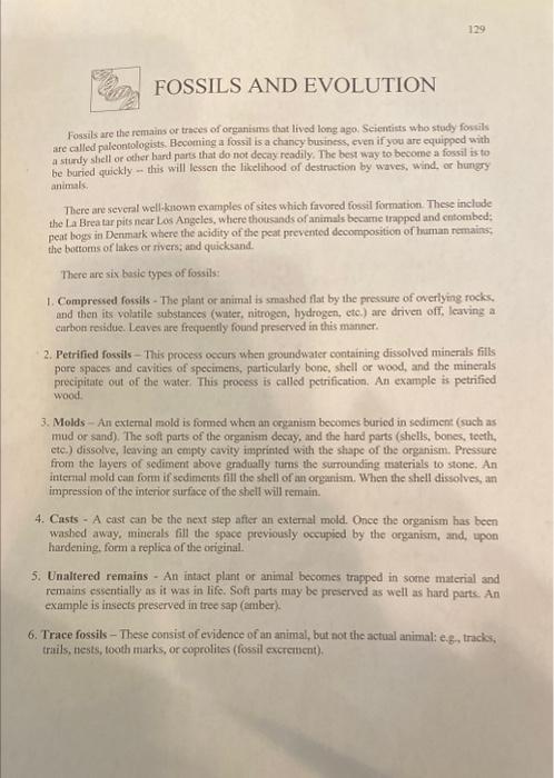 Solved FOSSILS AND EVOLUTION Fossils are the remains or | Chegg.com