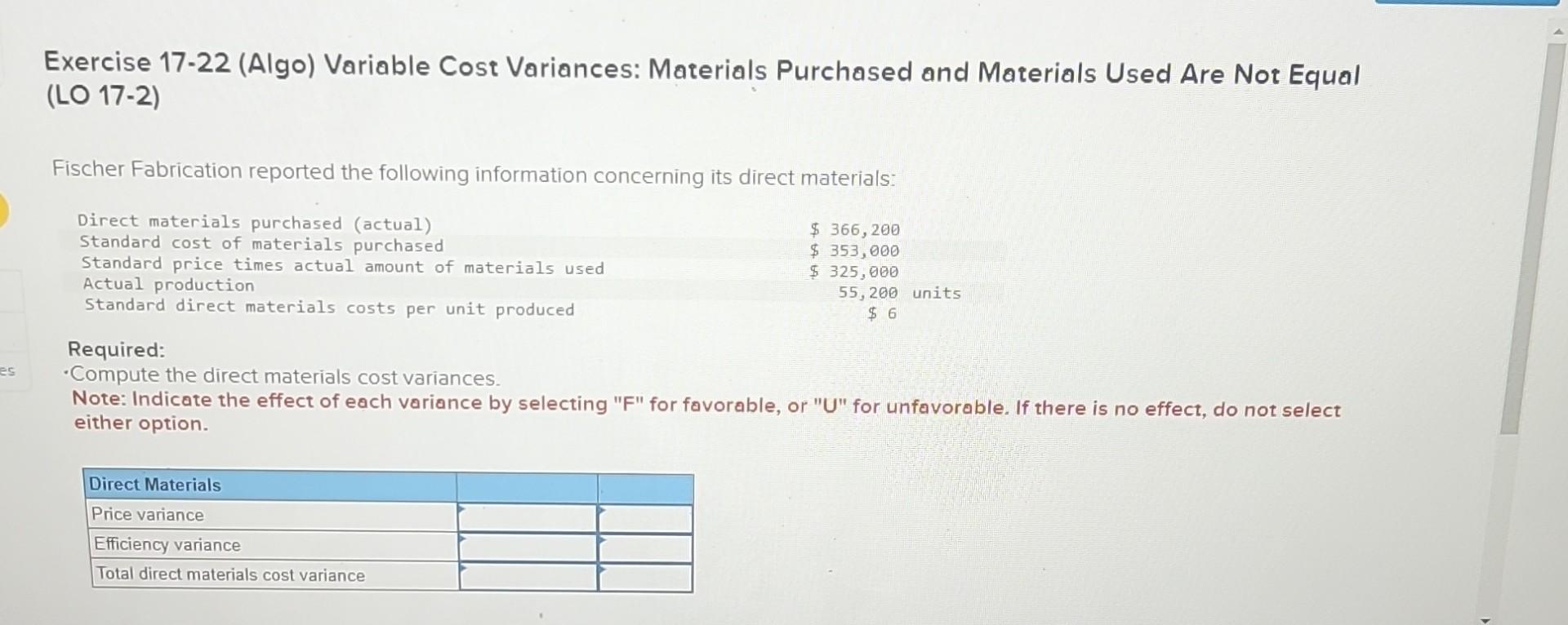 Solved Exercise 17-22 (Algo) Variable Cost Variances: | Chegg.com