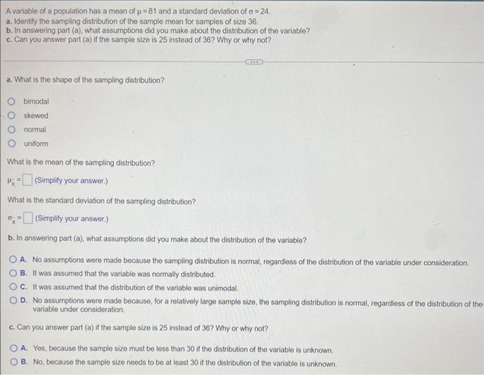 Solved A Variable Of A Population Has A Mean Of μ 81 And A