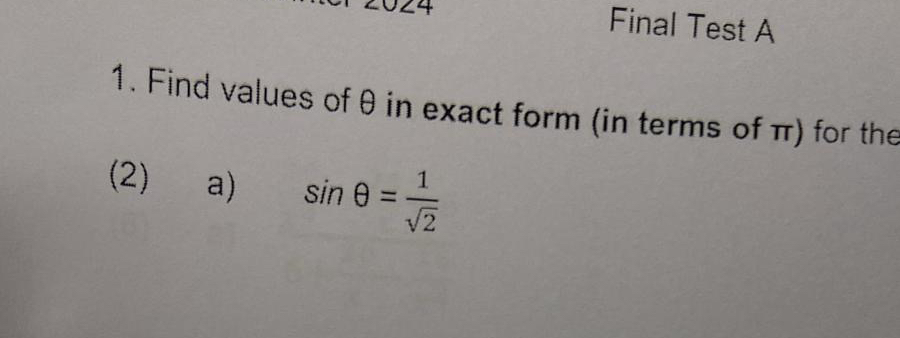 Solved Final Test AFind values of θ ﻿in exact form (in terms | Chegg.com