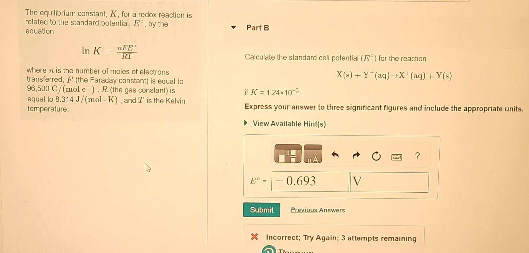 Solved The equilibrium constant, K, for a redox reaction is | Chegg.com