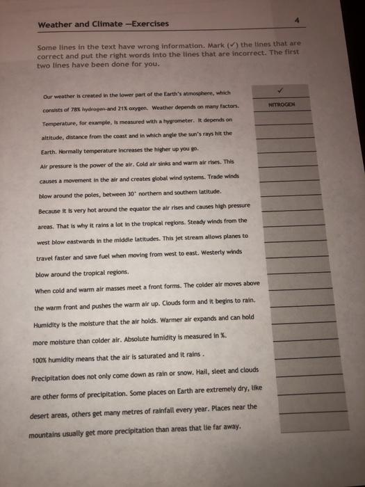 Solved Weather and Climate -Exercises Some lines in the text | Chegg.com