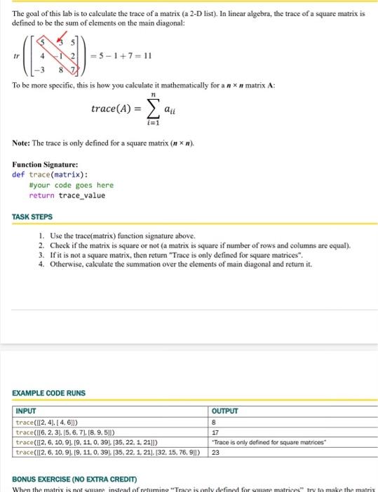 Solved The goal of this lab is to calculate the trace of a | Chegg.com