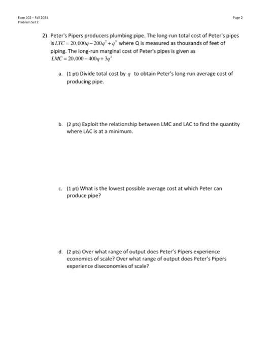 Solved 2) Peter's Pipers producers plumbing pipe. The | Chegg.com