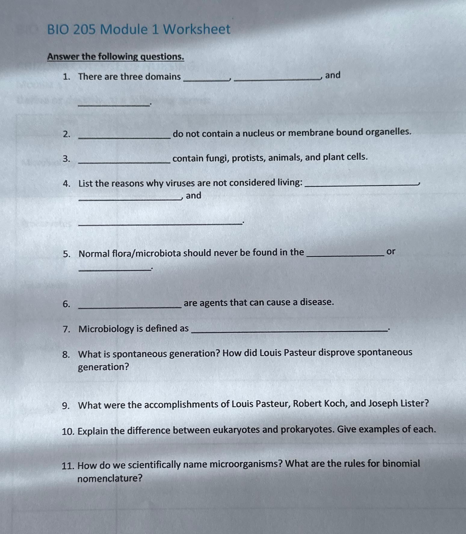Solved BIO 205 ﻿Module 1 ﻿WorksheetAnswer the following | Chegg.com