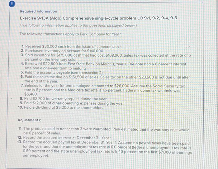Required informetion Exercise 9-13A (Algo) | Chegg.com