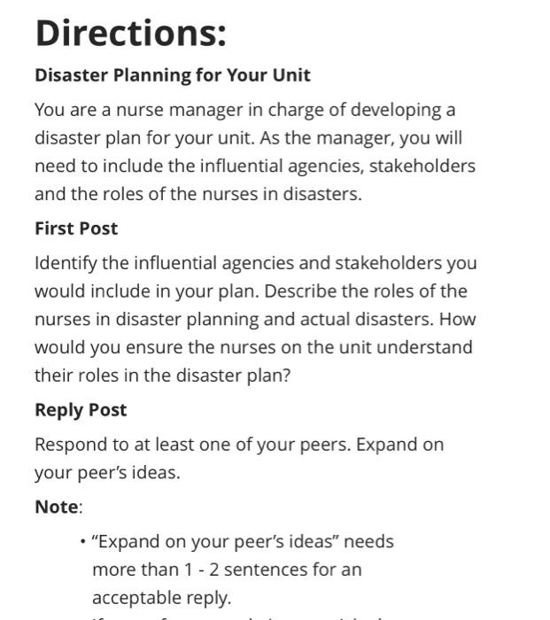 Solved Directions: Disaster Planning for Your Unit You are a | Chegg.com