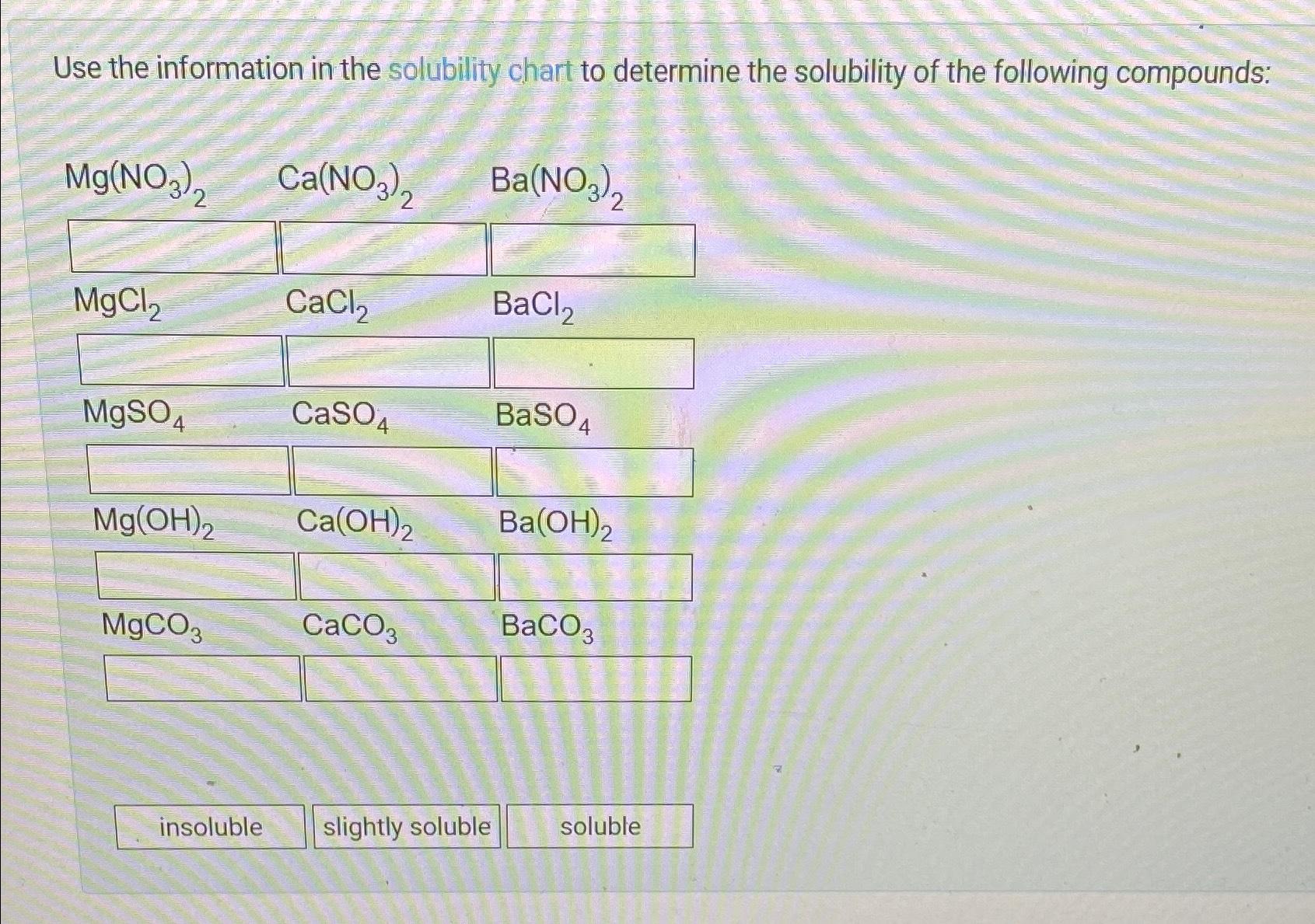 Solved Use the information in the solubility chart to | Chegg.com