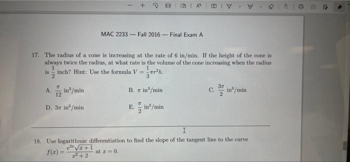 Solved EL AN 00 MAC 2233 - Fall 2016 Final Exam A 17. The | Chegg.com