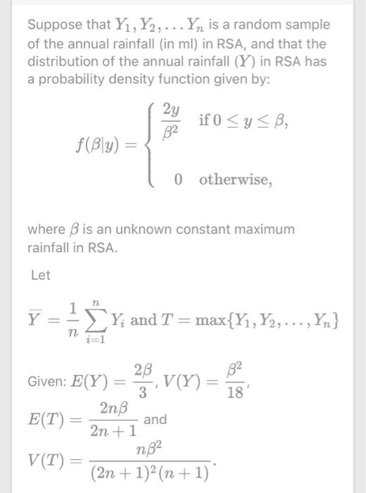 Solved Suppose that Y1,Y2,…Yn is a random sample of the | Chegg.com