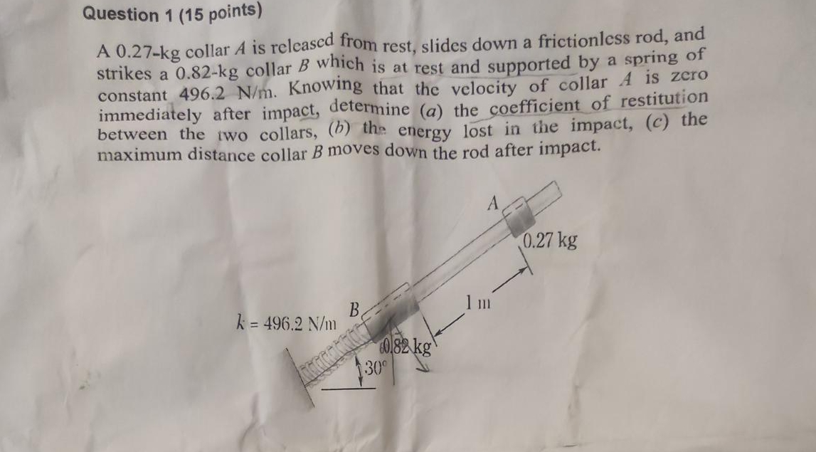Solved Question 1 (15 ﻿points)A 0.27-kg ﻿collar A ﻿is | Chegg.com