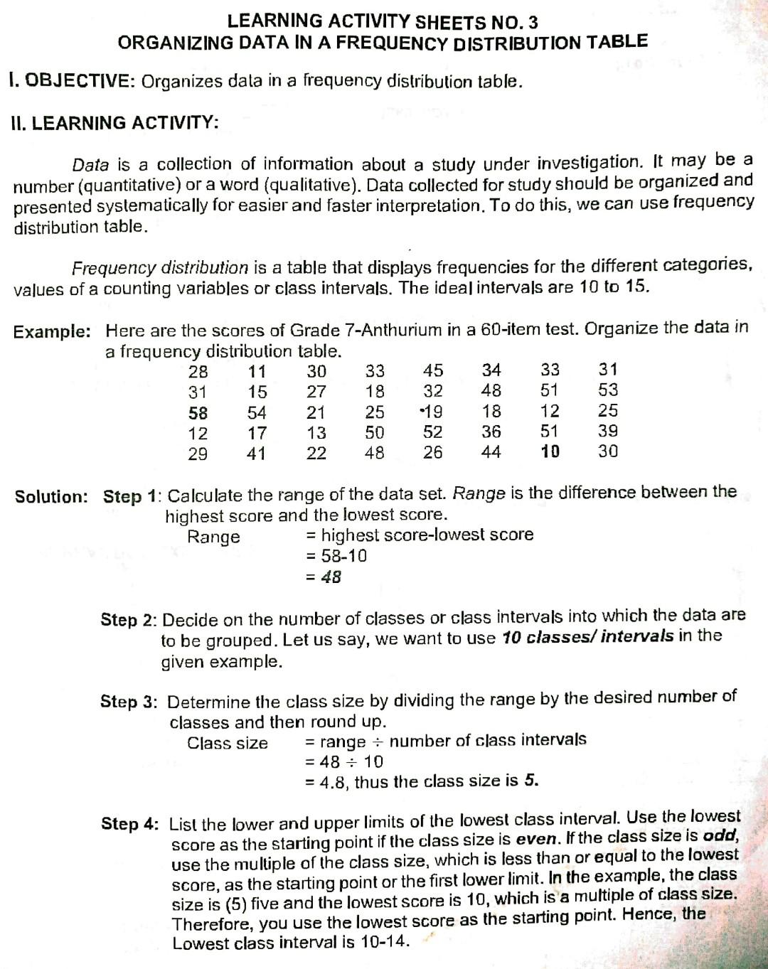 Solved LEARNING ACTIVITY SHEETS NO.3 ORGANIZING DATA IN A | Chegg.com