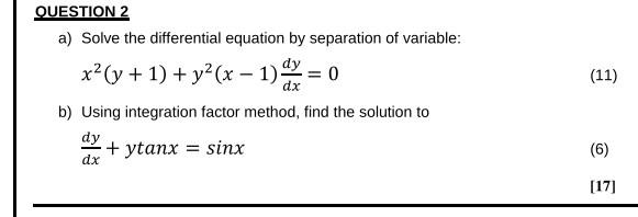 Solved a) Solve the differential equation by separation of | Chegg.com