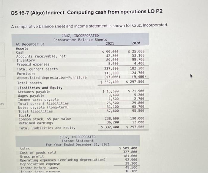 Solved QS 16-7 (Algo) Indirect: Computing cash from | Chegg.com