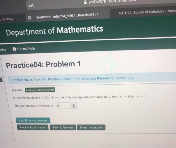 Solved webw АА MTH124, Survey of Calculus I - Notes | Chegg.com