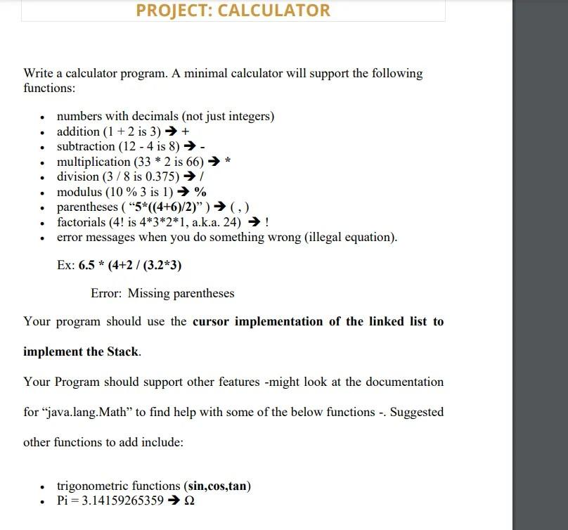 Solved PROJECT: CALCULATOR . Write a calculator program. A | Chegg.com