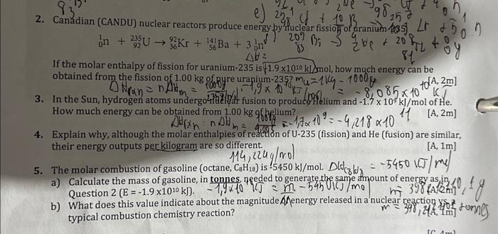 Solved 01n+92235U→3692Kr+56141Ba+301nd If the molar enthalpy | Chegg.com