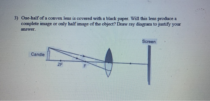 Solved 3) One-half of a convex lens is covered with a black | Chegg.com