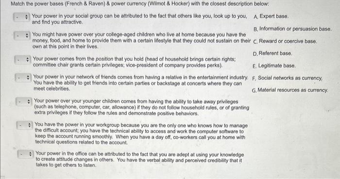 Match the power bases (French \& Raven) \& power | Chegg.com