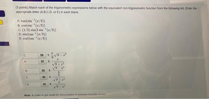 Solved (5 points) Match each of the trigonometric | Chegg.com