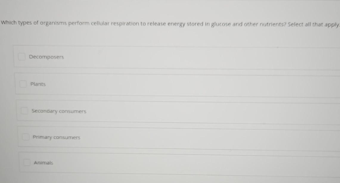 Solved Which types of organisms perform cellular respiration | Chegg.com