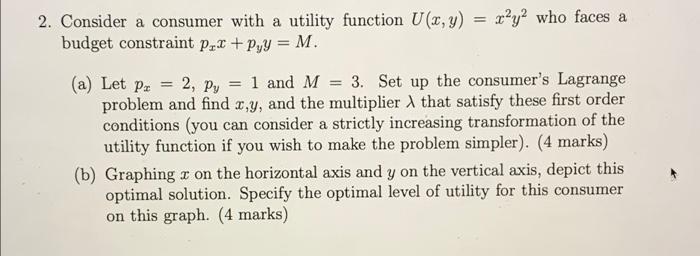 Solved 2. Consider a consumer with a utility function U(x,y) | Chegg.com
