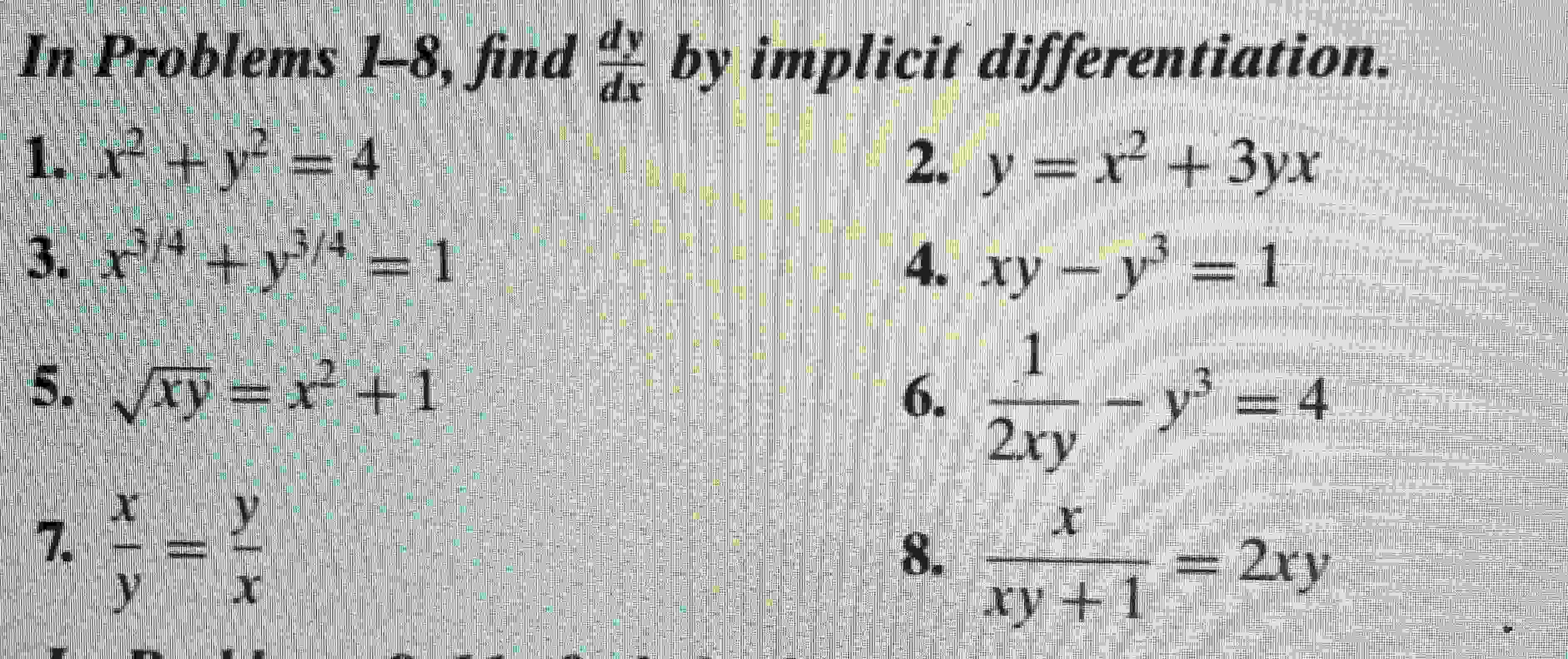 Solved In Problems 1-8, ﻿find dydx ﻿by implicit | Chegg.com