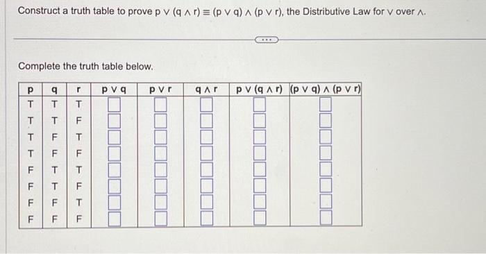 Solved Construct a truth table to prove p v (q^r) = (pv q) ^ | Chegg.com