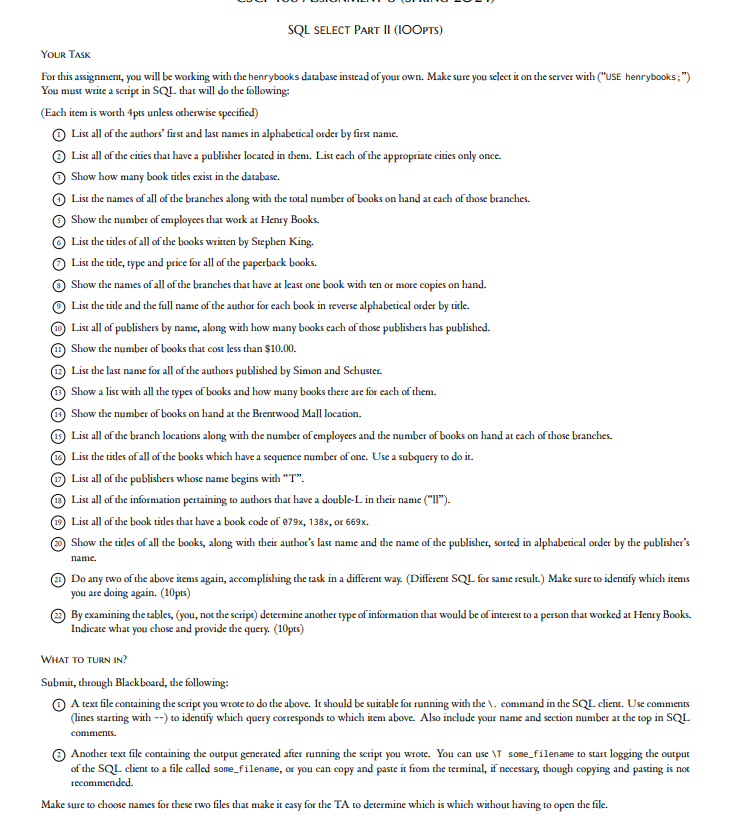 Solved SQL SELECT PART II (IOOPTS)YOUR TASKFor this | Chegg.com