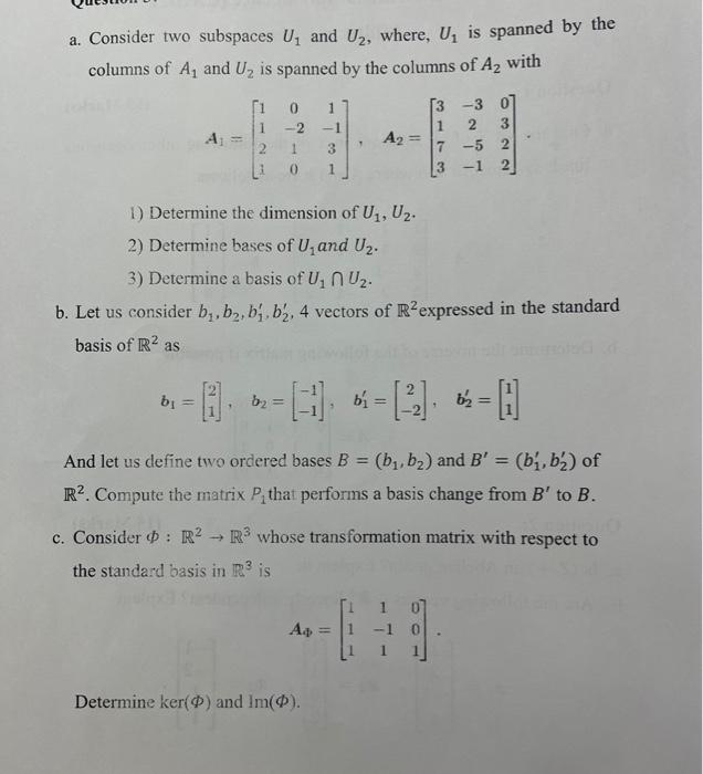 Solved a. Consider two subspaces U1 and U2, where, U1 is | Chegg.com