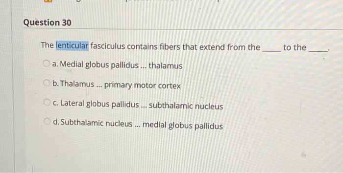 Solved Question 30 __ to the The lenticular fasciculus | Chegg.com