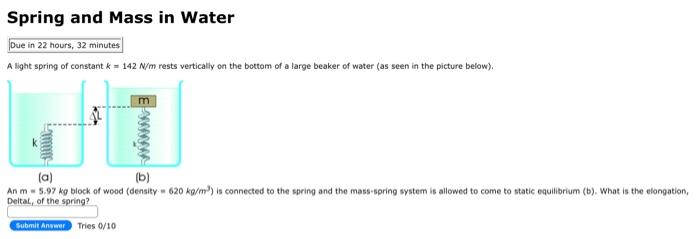 Solved Spring and Mass in Water A light spring of constant | Chegg.com
