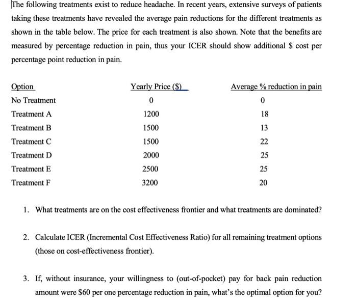 Solved The following treatments exist to reduce headache. In | Chegg.com
