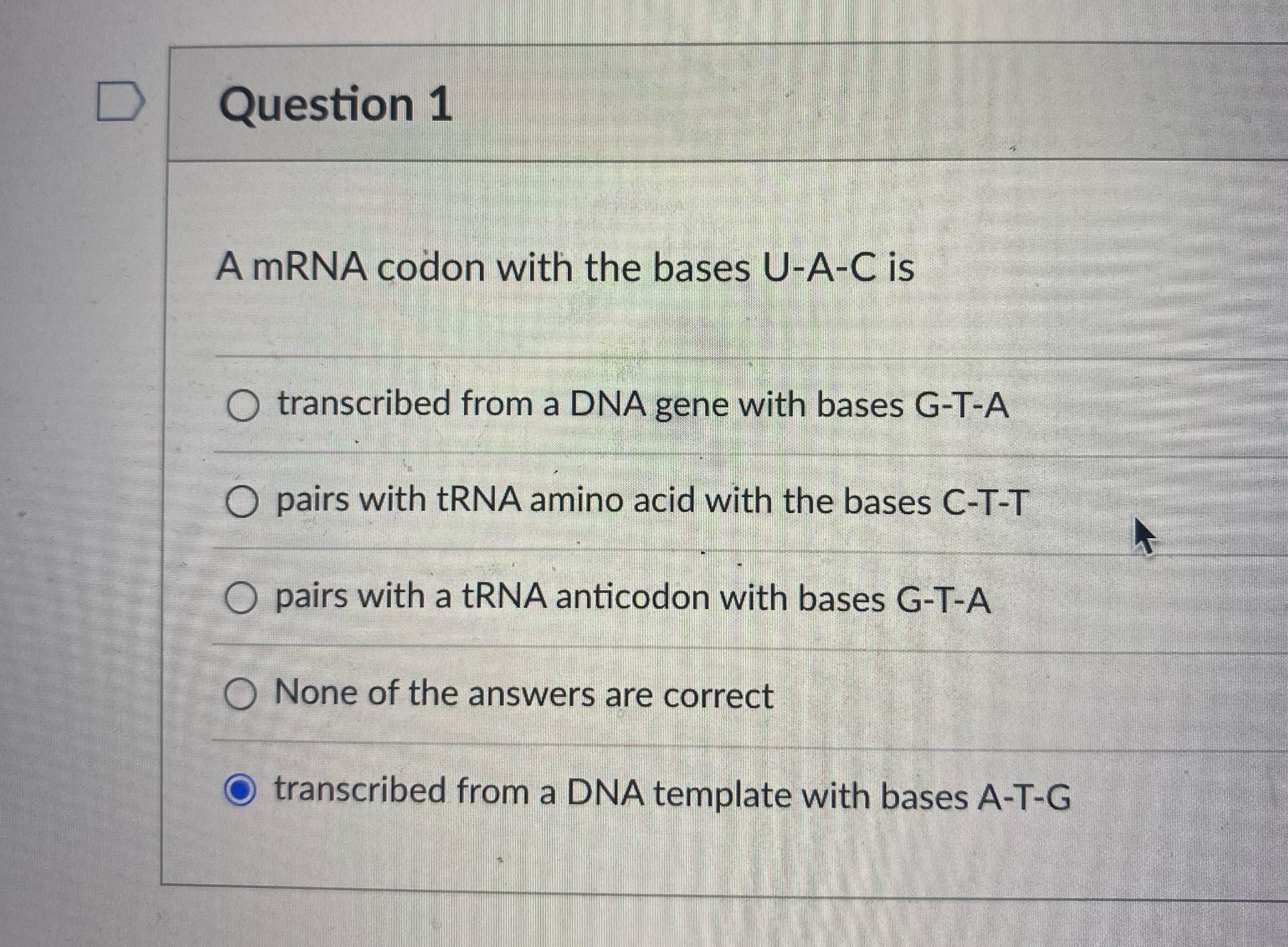 Solved Question 1A mRNA codon with the bases U-A-C | Chegg.com