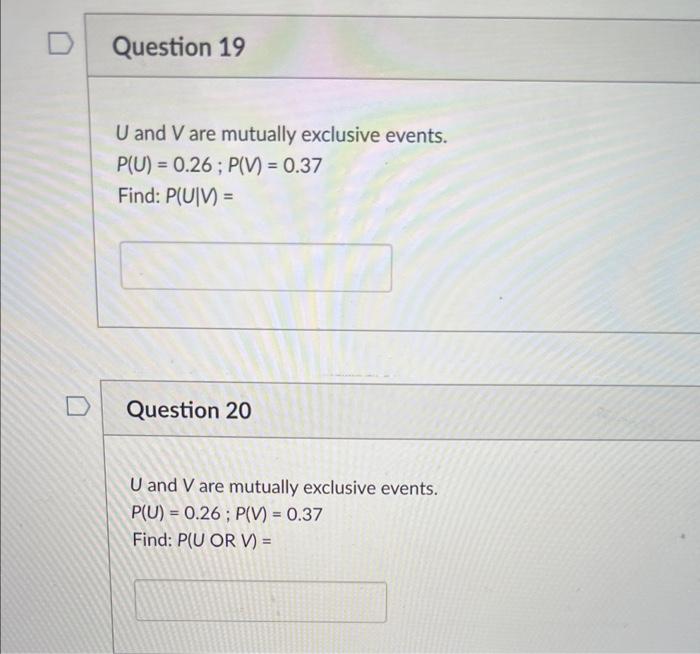 Solved U and V are mutually exclusive events. | Chegg.com