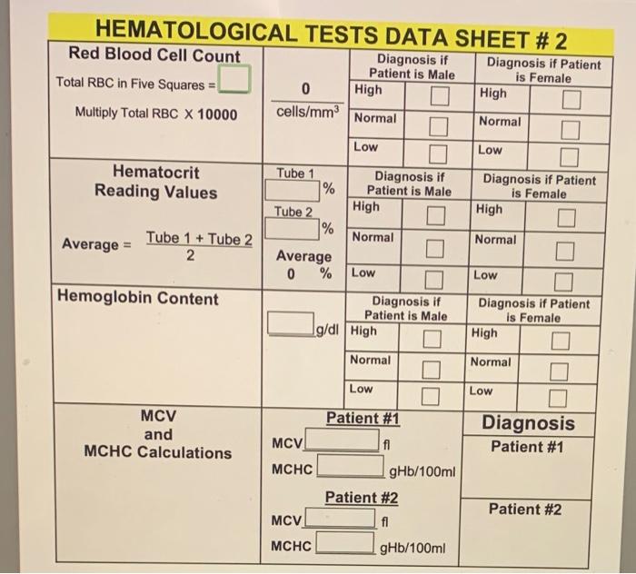 HEMATOLOGICAL TESTS DATA SHEET # 1 DIFFERENTIAL WBC | Chegg.com