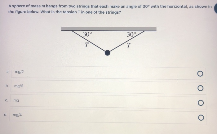 Solved A sphere of mass m hangs from two strings that each | Chegg.com