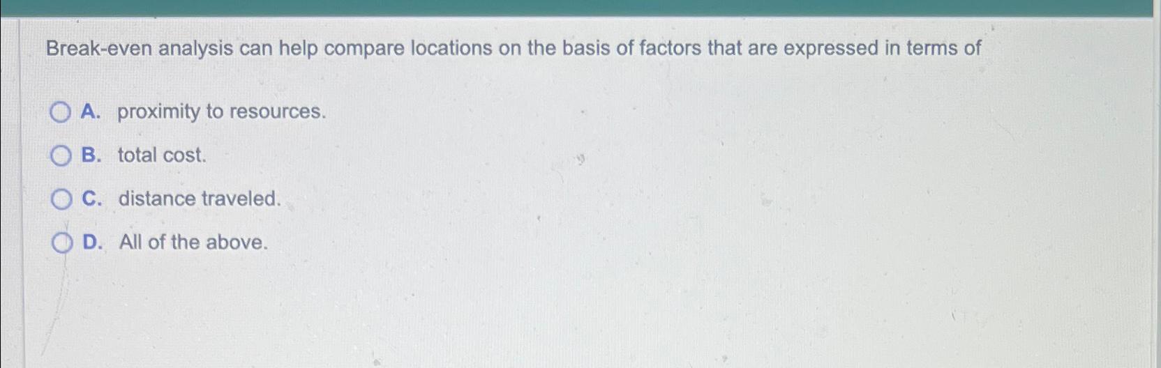 Solved Break-even analysis can help compare locations on the | Chegg.com
